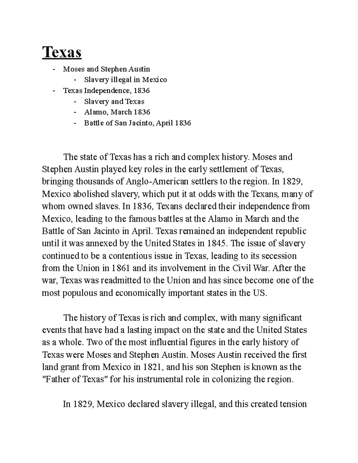 Texas - lecture notes Rachel Gunter - Texas Moses and Stephen Austin ...