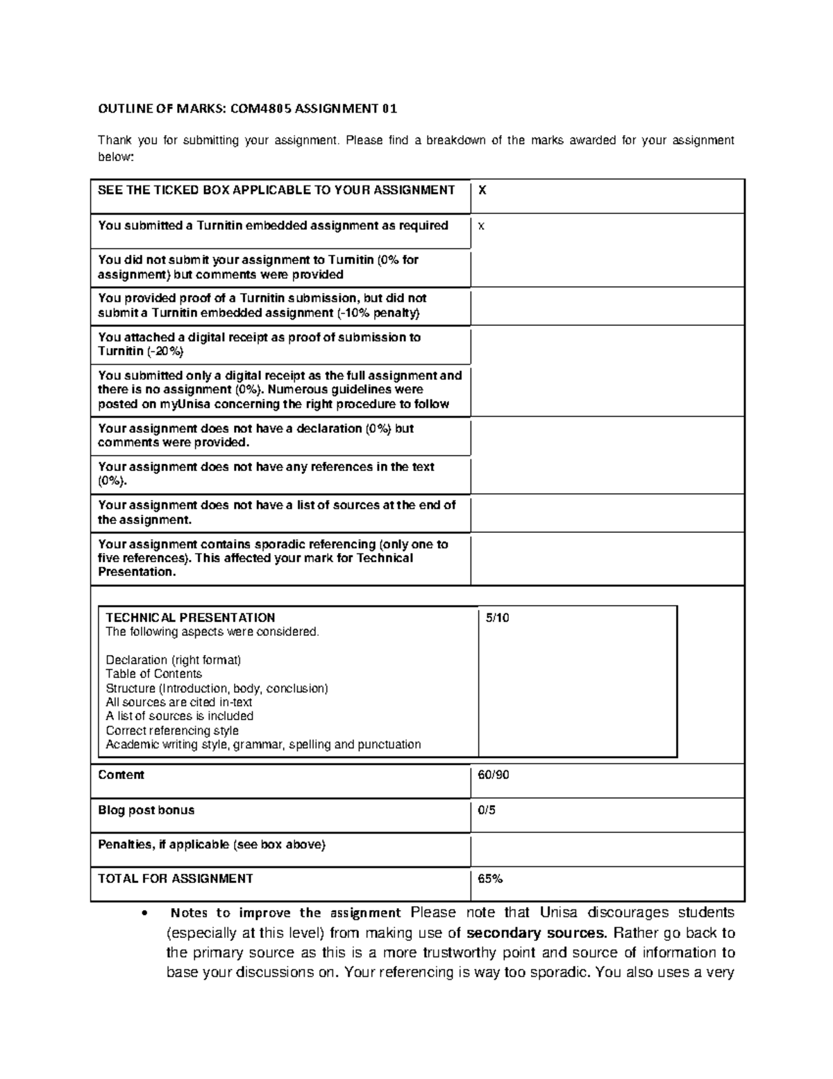 35391499 COM4805 01 MARK065100 - OUTLINE OF MARKS: COM4805 ASSIGNMENT 01 Thank you for ...