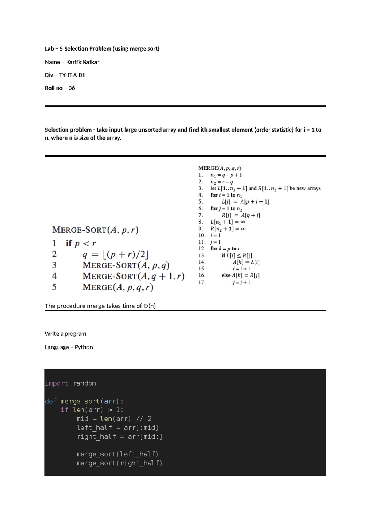 Lab 5 Selection Problem Lab 5 Selection Problem Using Merge Sort Name Kartik Katkar 2530