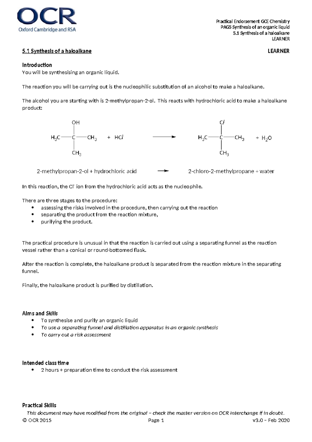 Chemistry PAG 5.1 Learner v3.0 without risk assessment - PAG5 Synthesis of an organic liquid 5 ...