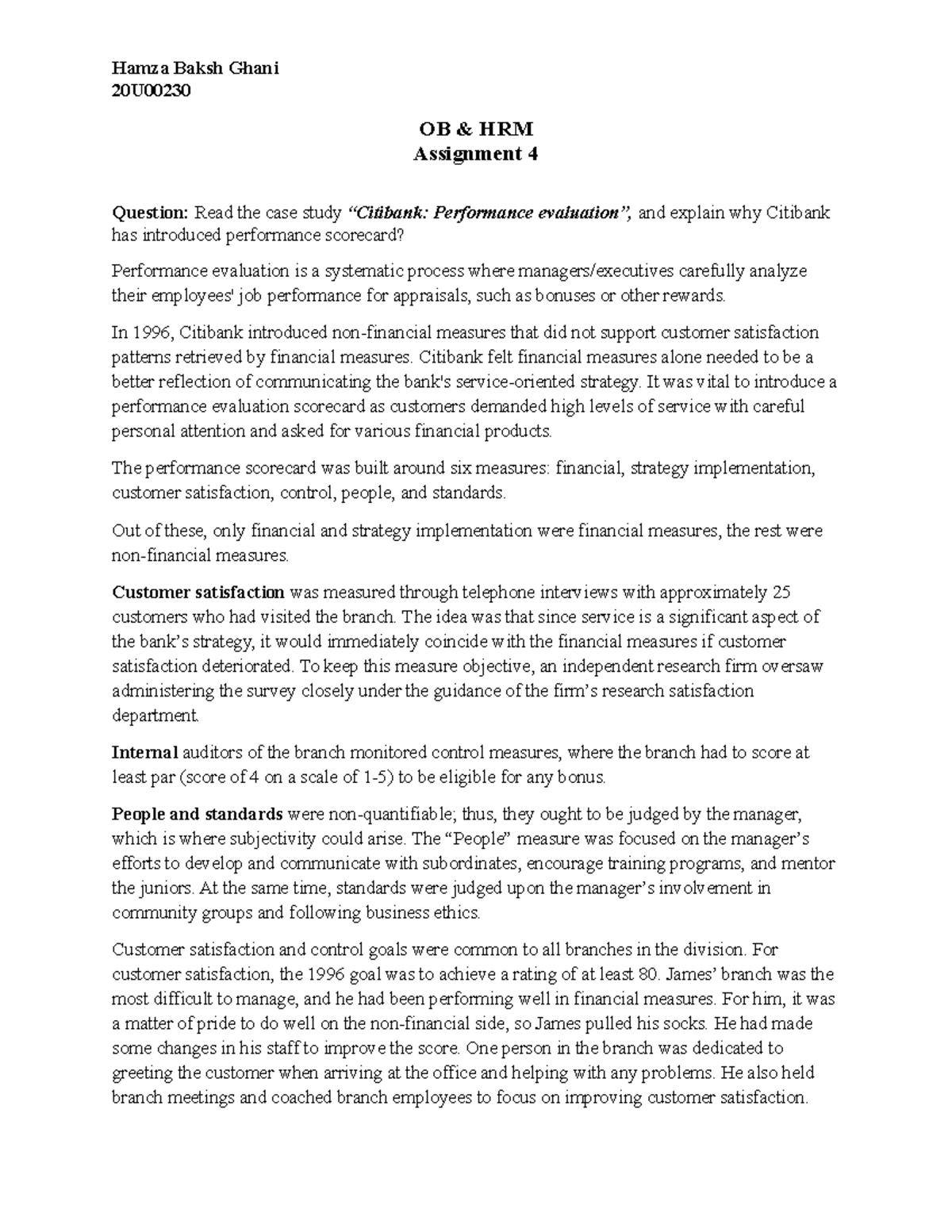 Assignment 4 - Hamza Baksh Ghani 20U OB & HRM Assignment 4 Question: Read the case study - Studocu