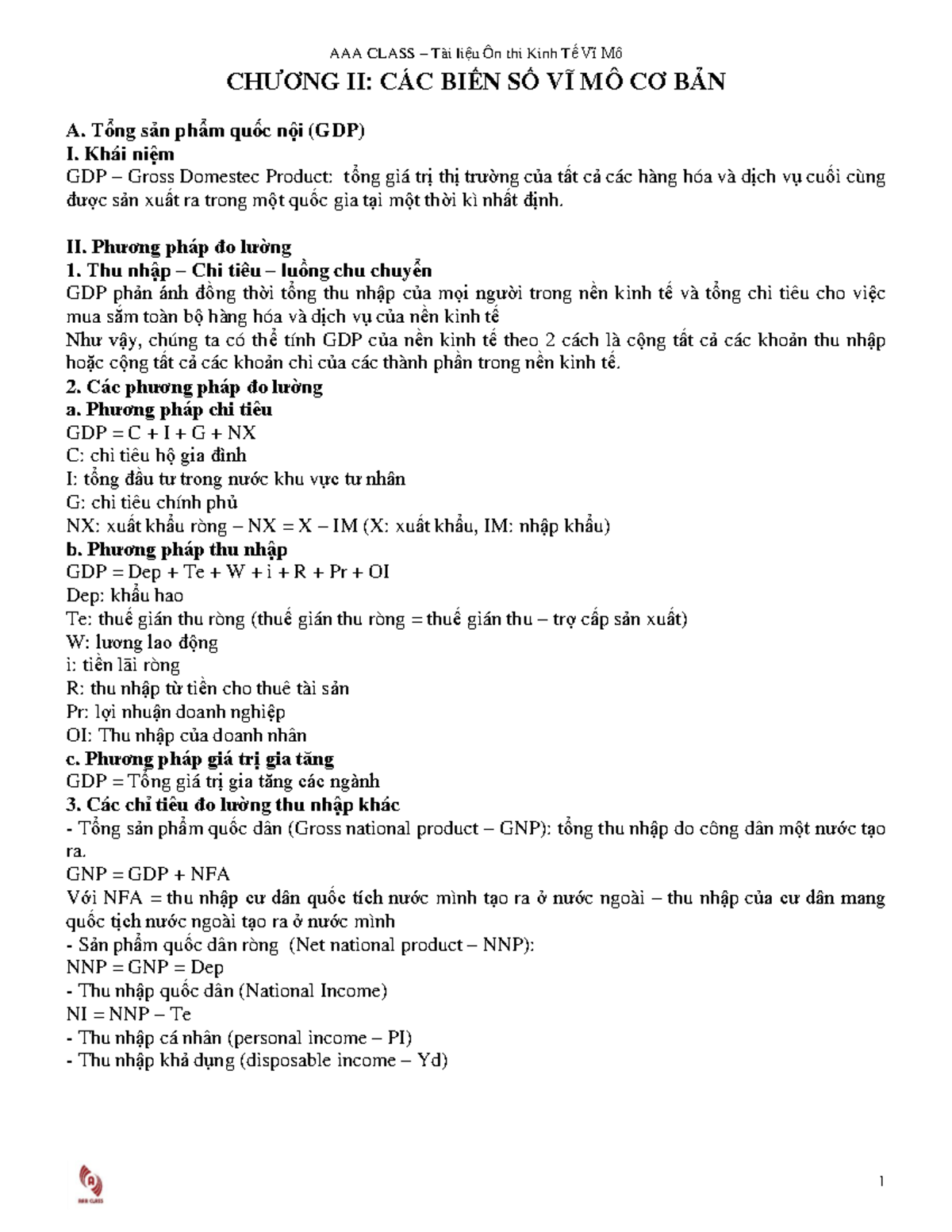 Kinh Tế Vĩ Mô - AAA Class - Bài tập - CHƯƠNG II: CÁC BIẾN SỐ VĨ MÔ CƠ ...