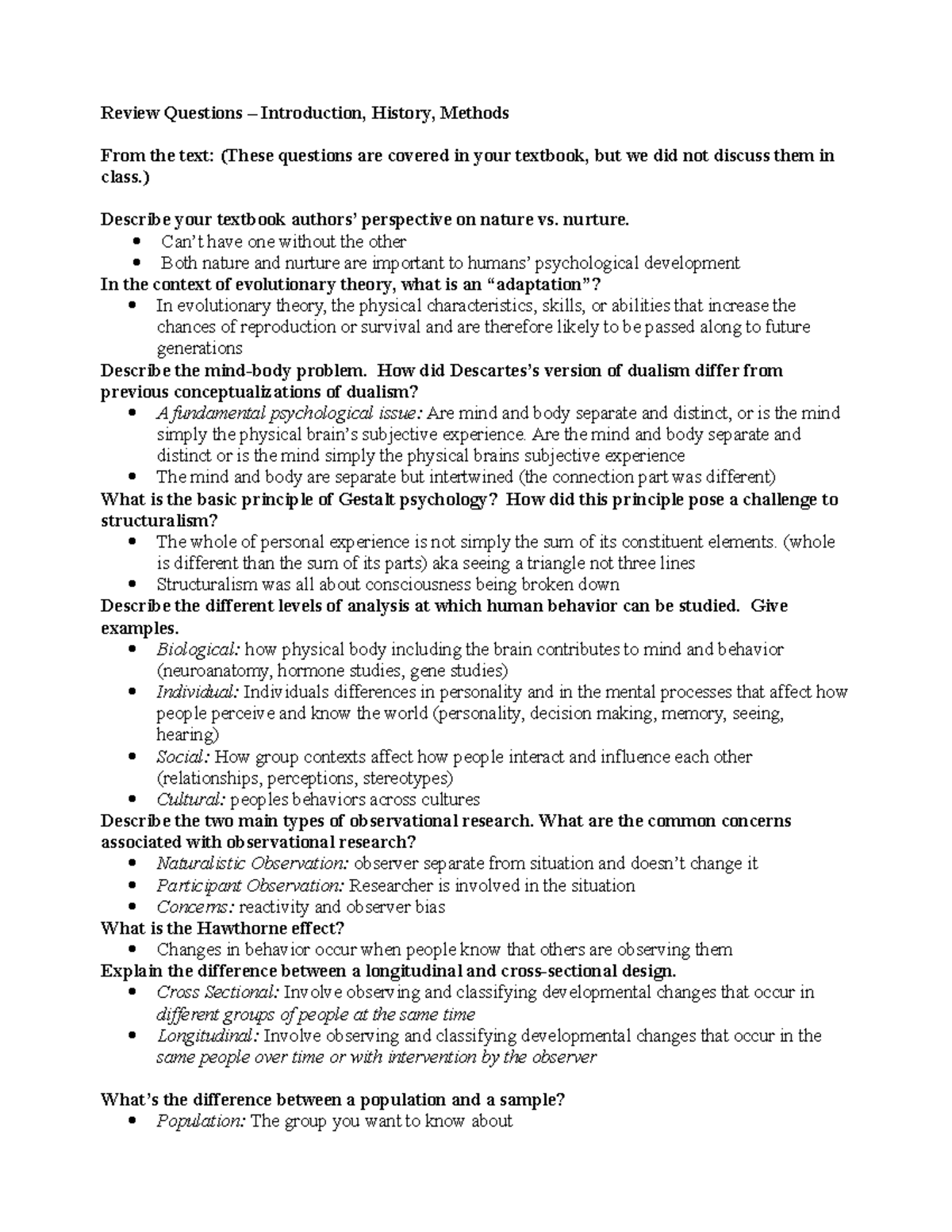 Exam 1 Review - Review Questions – Introduction, History, Methods From ...