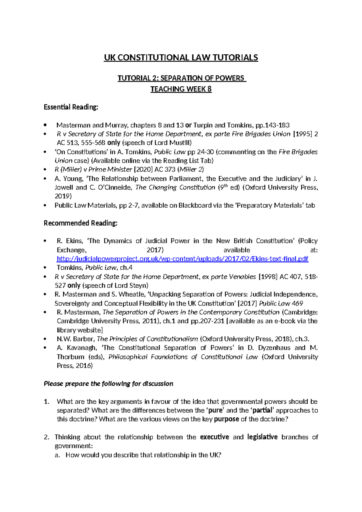 Tutorial 2 - UK CONSTITUTIONAL LAW TUTORIALS TUTORIAL 2: SEPARATION OF ...