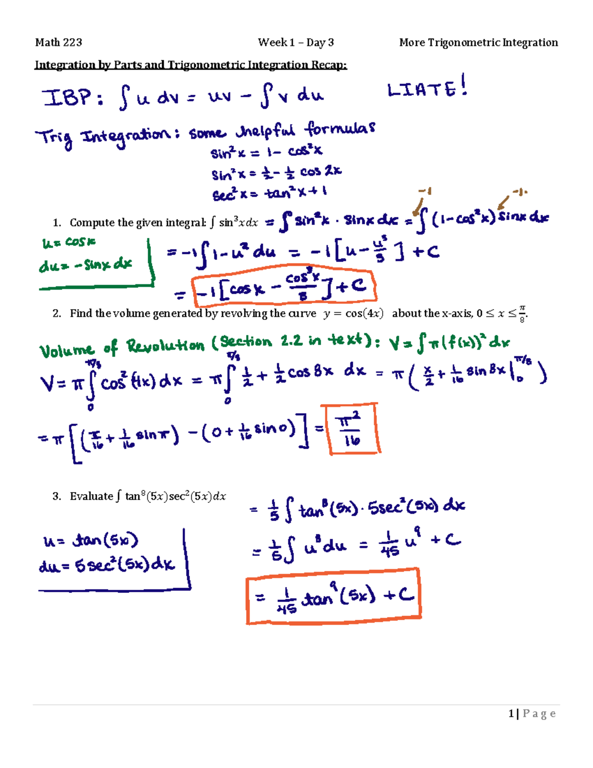 Week1-Day3-More Trigonometric Integration - Integration by Parts and ...