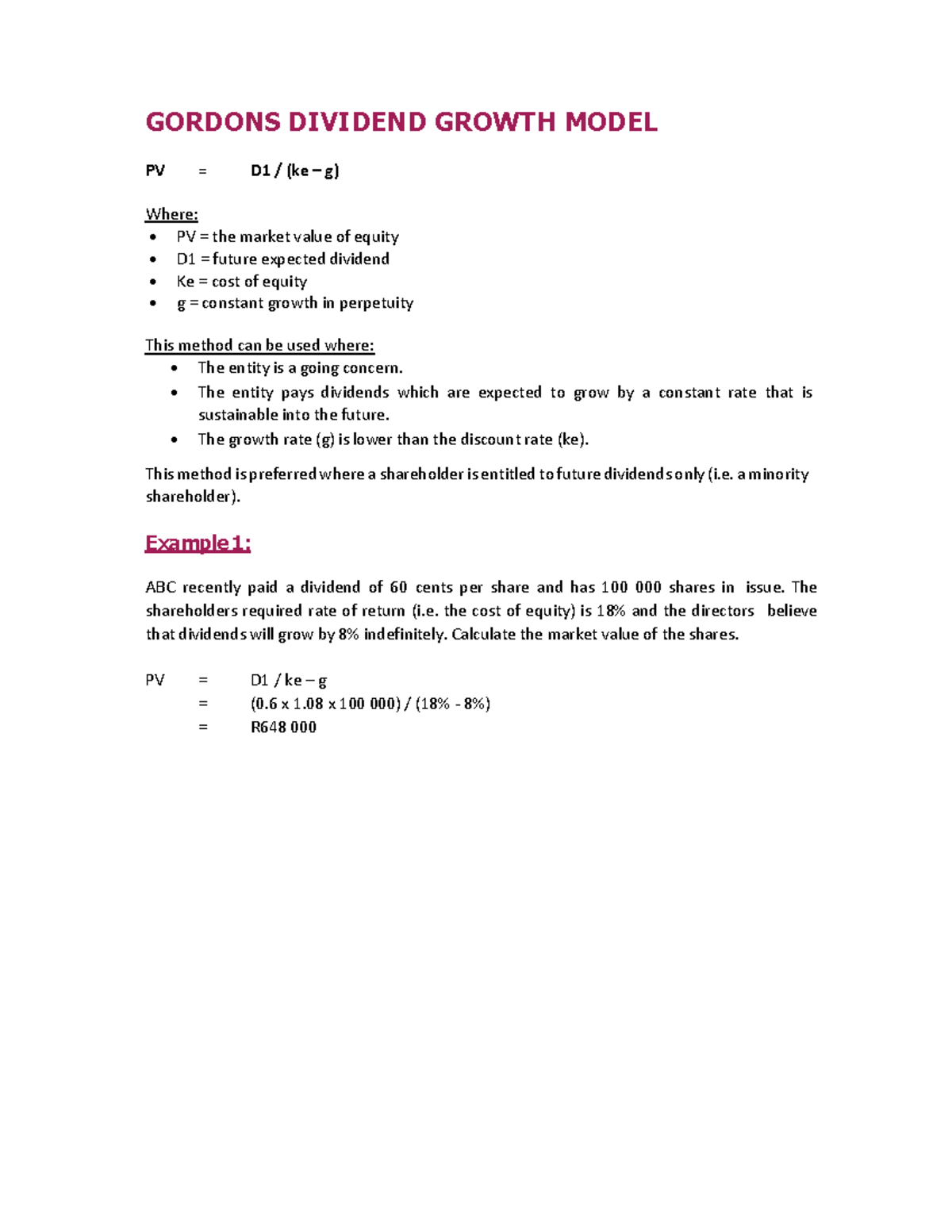 Gordon's dividends growth model - GORDONS DIVIDEND GROWTH MODEL PV = D1 ...
