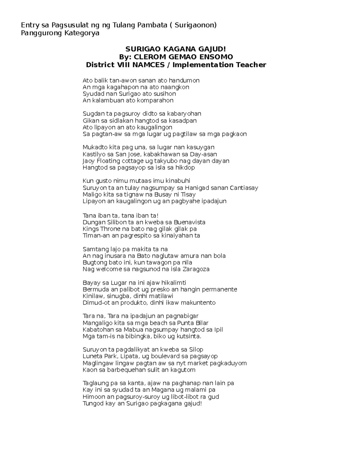Surigao Pagkagana Gajud - Entry sa Pagsusulat ng ng Tulang Pambata ...