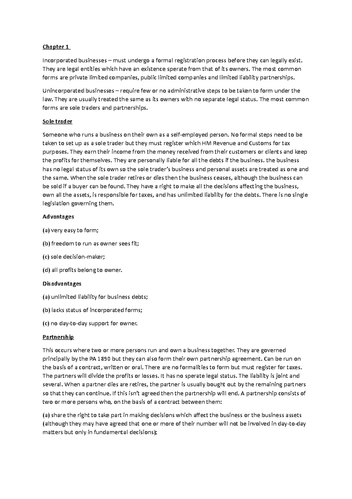 Business law and practice ws2 reading - Chapter 1 Incorporated businesses – must undergo a ...