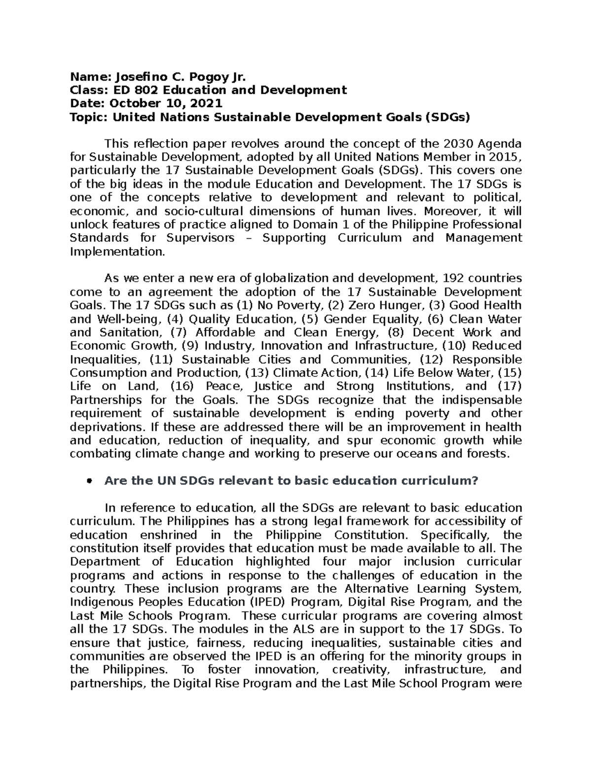 Reflection Paper 1- UN SDGs - Bachelor of Arts in History - PUP - Studocu