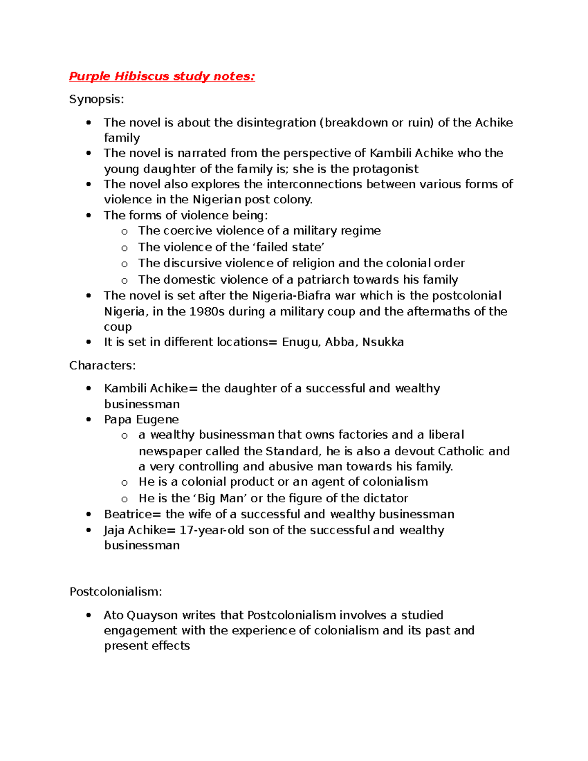 English 220 test notes - Summary Purple Hibiscus - Purple Hibiscus ...