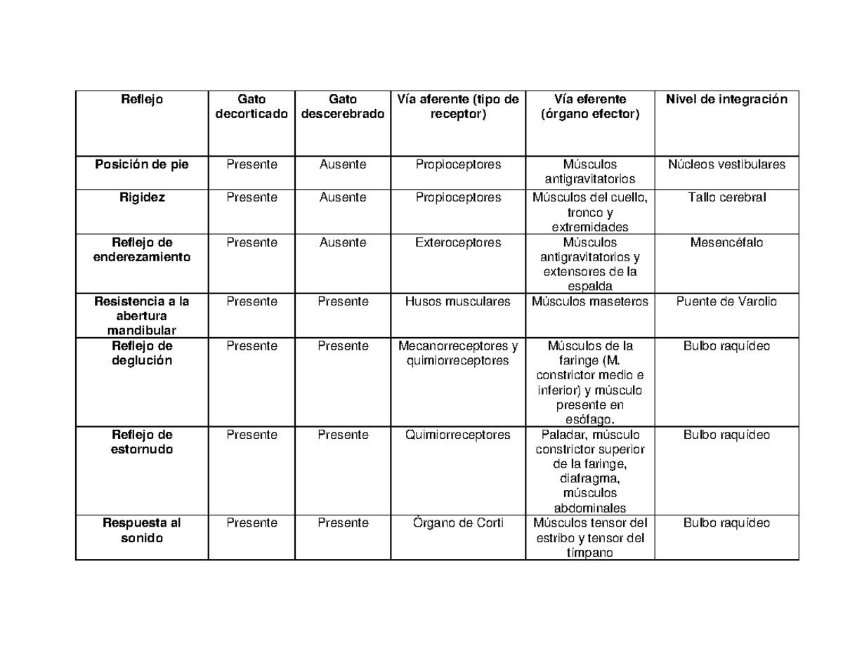 Tabla De Reflejos - Reflejo Gato decorticado Gato descerebrado Vía ...