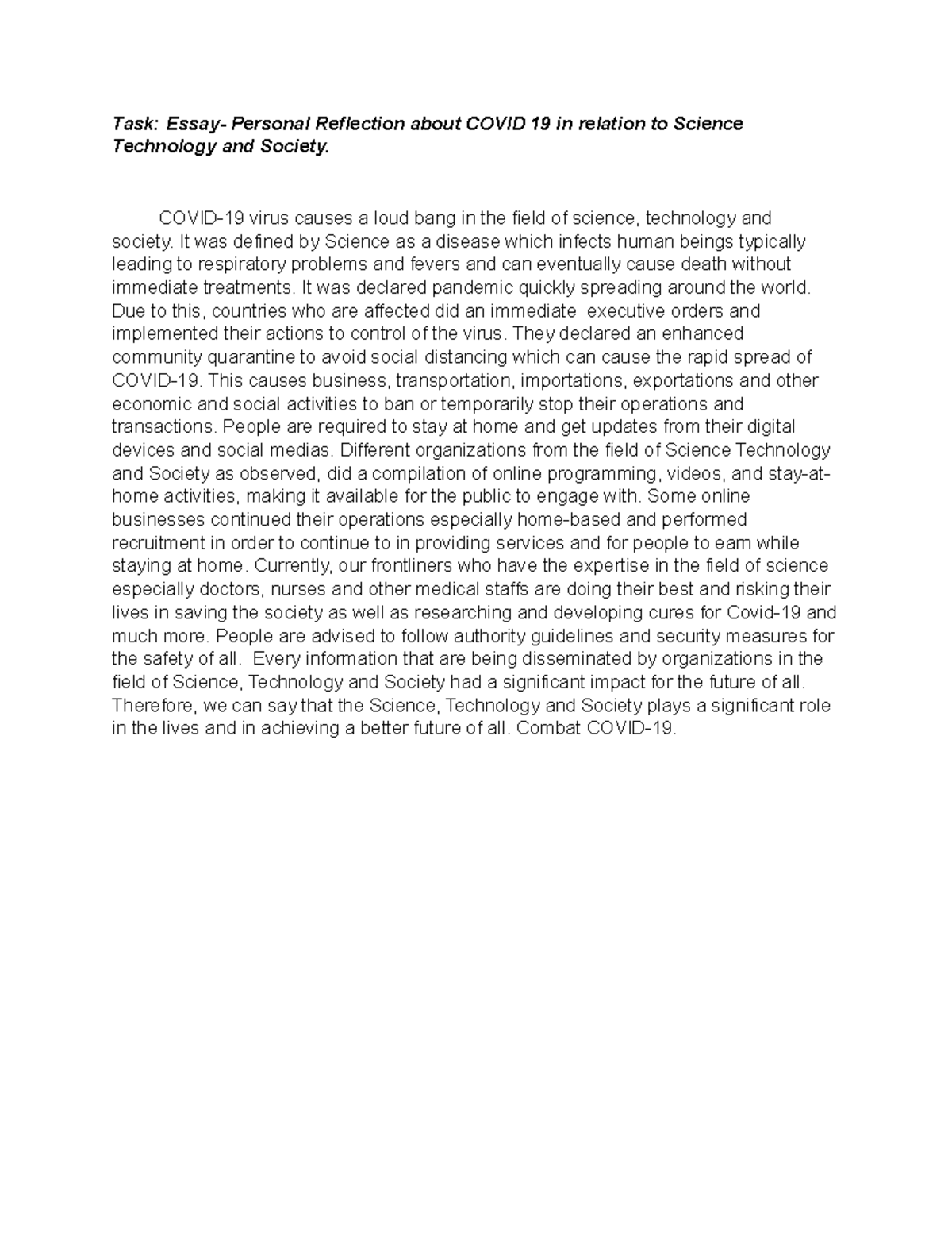 Essay- Personal Reflection about Covid 19 in relation to Science ...