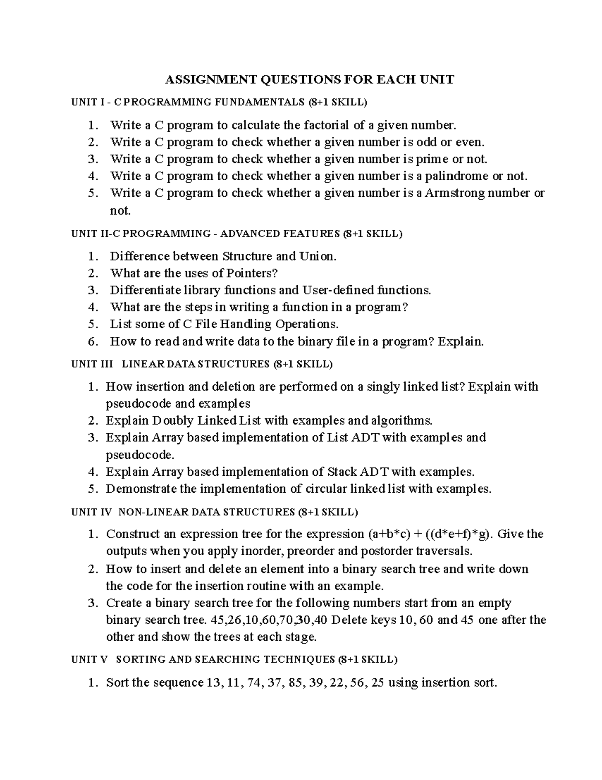 Assignment Questions Assignment Questions For Each Unit Unit I C Programming Fundamentals 8