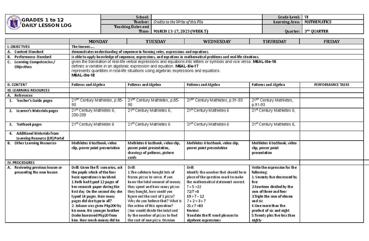 DLL Mathematics 6 Q3 W5 - for information - GRADES 1 to 12 DAILY LESSON ...
