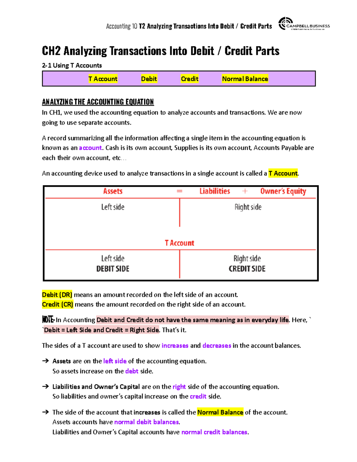 Copy of 2-1 Notes - Using T Accounts - Accounting 10 T2 Analyzing ...