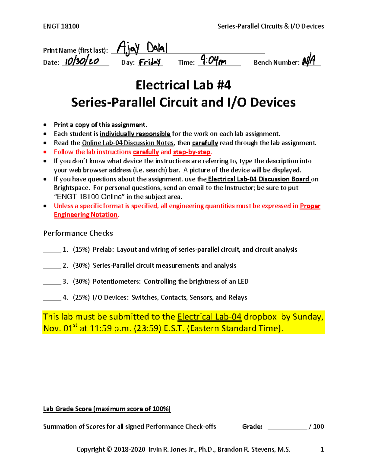 Ajay Dalal - Lab 4 Series Parallel Circuit and IO Devices - ENGT 18100 ...