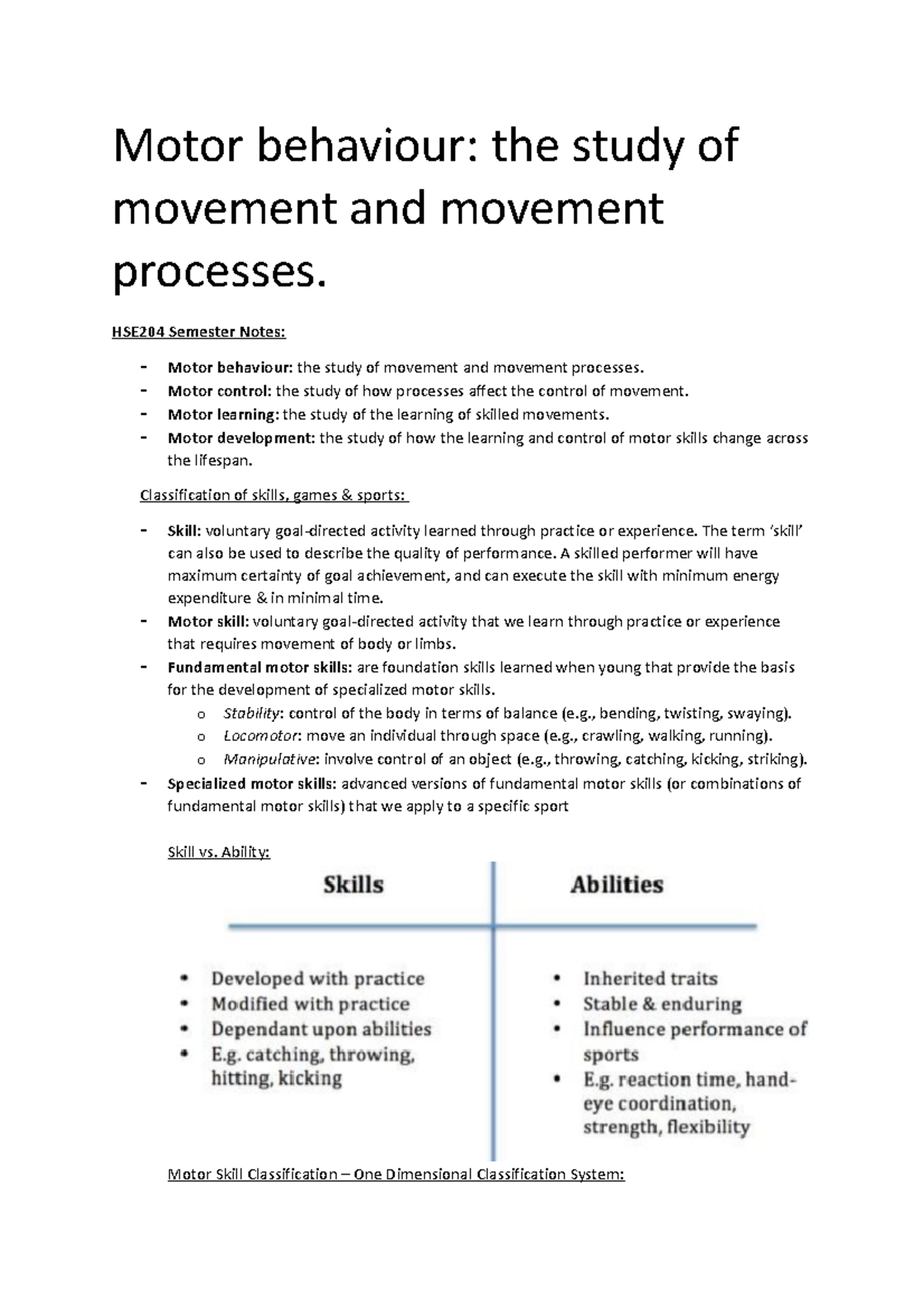 HSE204 Trimester Long Notes - Motor behaviour: the study of movement ...