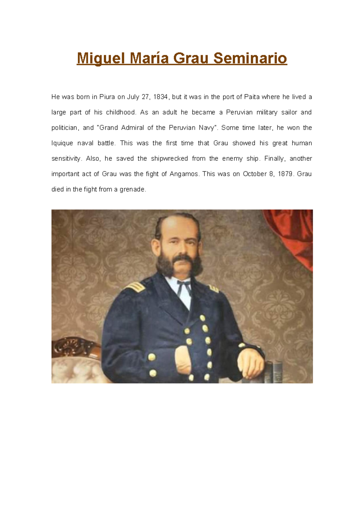 Ingles Miguel Grau - Miguel María Grau Seminario He was born in Piura ...