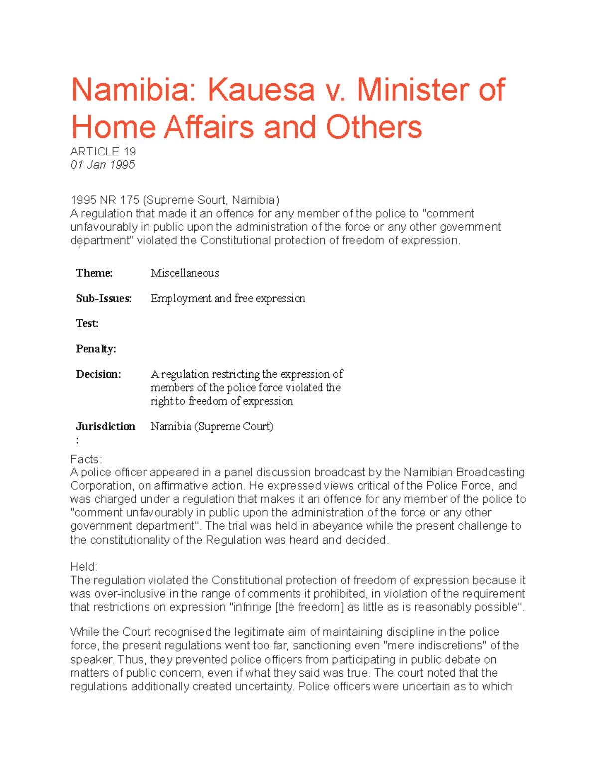 Namibia - case studies for different cases that are covered by the ...