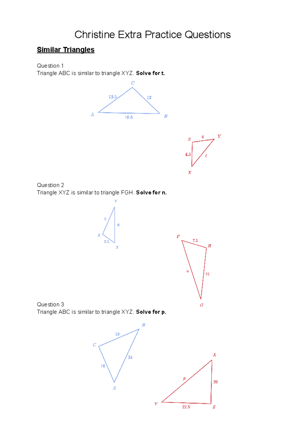 Patterns and Similar Triangles Practice - Christine Extra Practice ...