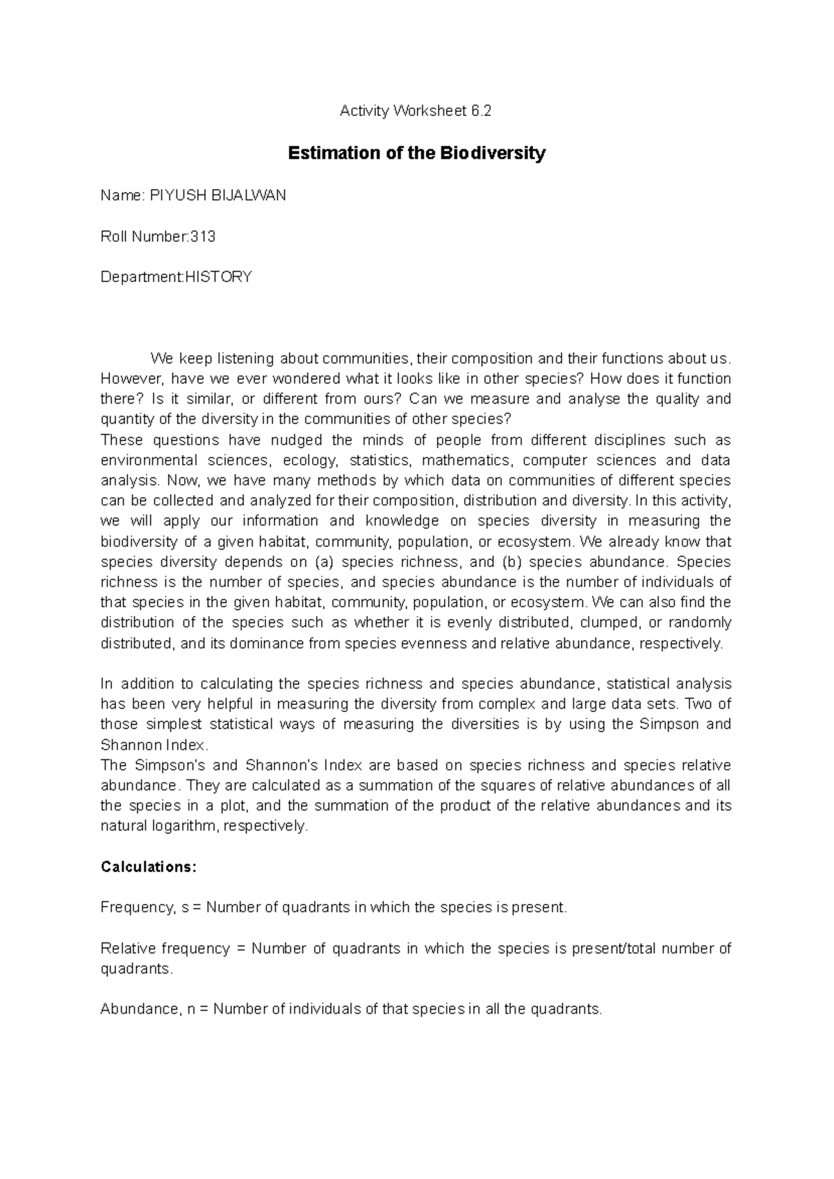 EVS 2 - Activity Worksheet 6. Estimation of the Biodiversity Name ...