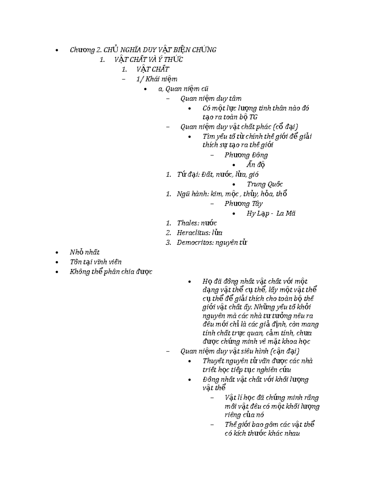 TÓM TẮT TRIẾT đề cương ôn tập - Ch ng 2. CH NGHĨA DUY V T BI N CH NG ươ Ủ Ậ Ệ Ứ 1. V T CHẤẤT VÀ ...