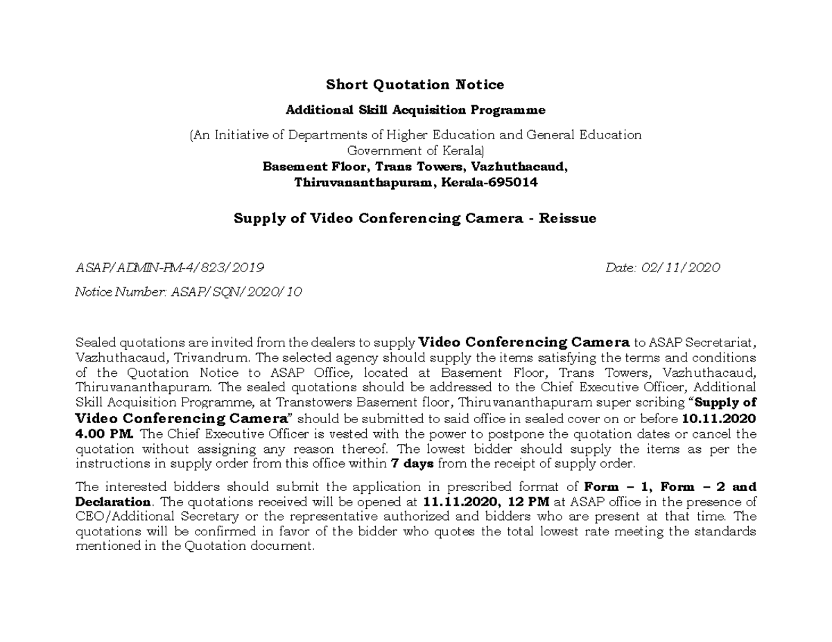 Quotation Video Conferencing Camera - 2 - Short Quotation Notice ...