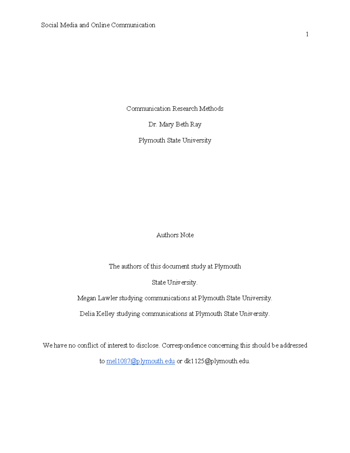 Research Proposal - 1 Communication Research Methods Dr. Mary Beth Ray ...