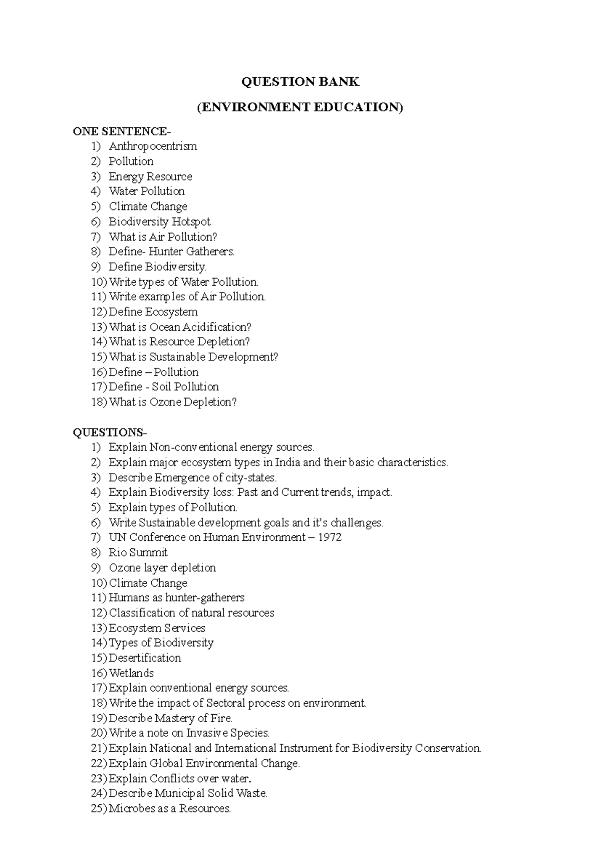 Question BANK - Nice - QUESTION BANK (ENVIRONMENT EDUCATION) ONE ...