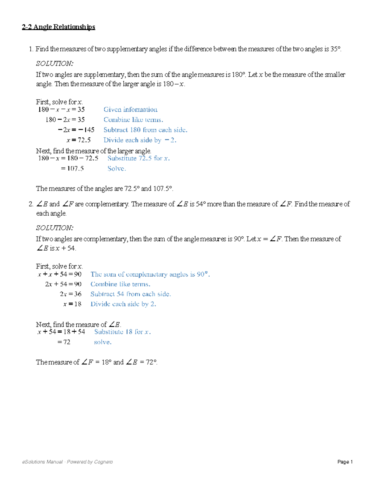 2 2 Angle Relationships - Find the measures of two supplementary angles ...