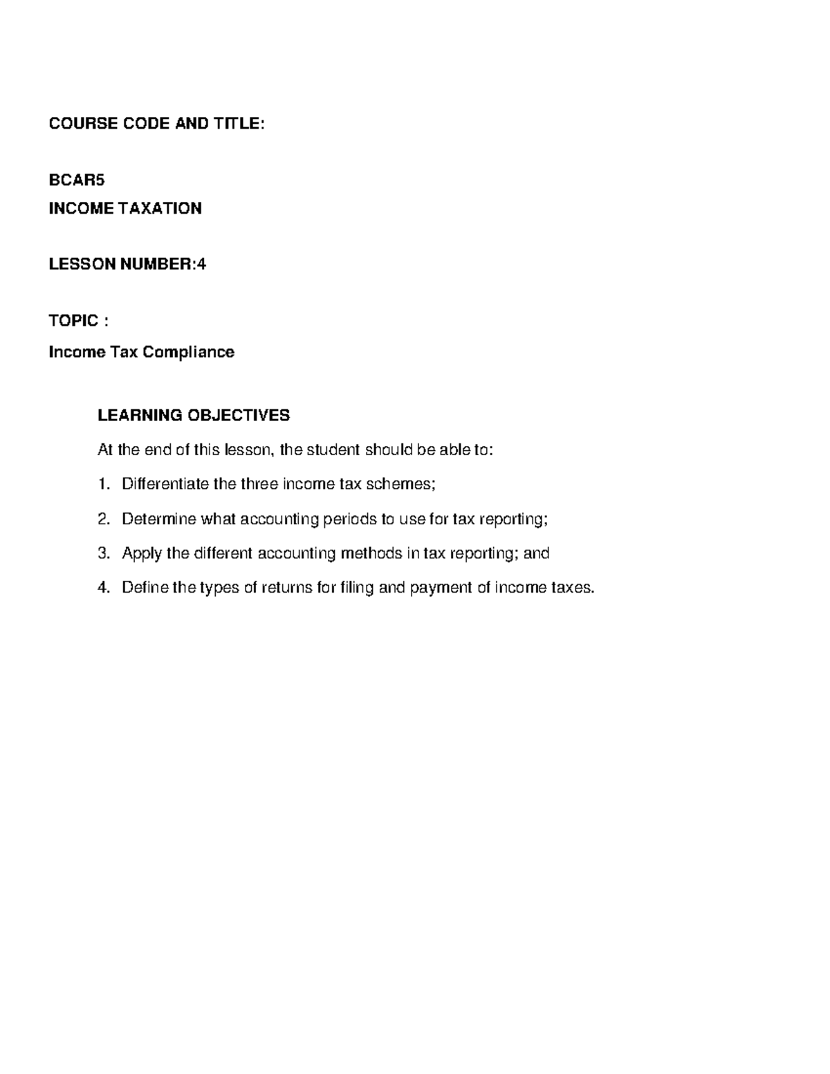 Module 04 Income Tax Compliance - COURSE CODE AND TITLE: BCAR INCOME ...