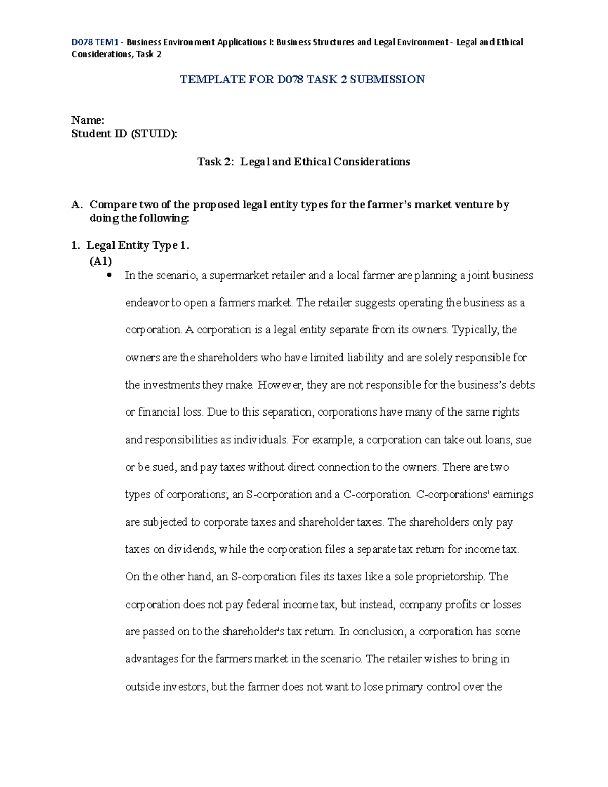 D078 - Task 2 - Task 2 - D078 TEM1Considerations, Task 2 - Business Environment Applications I ...