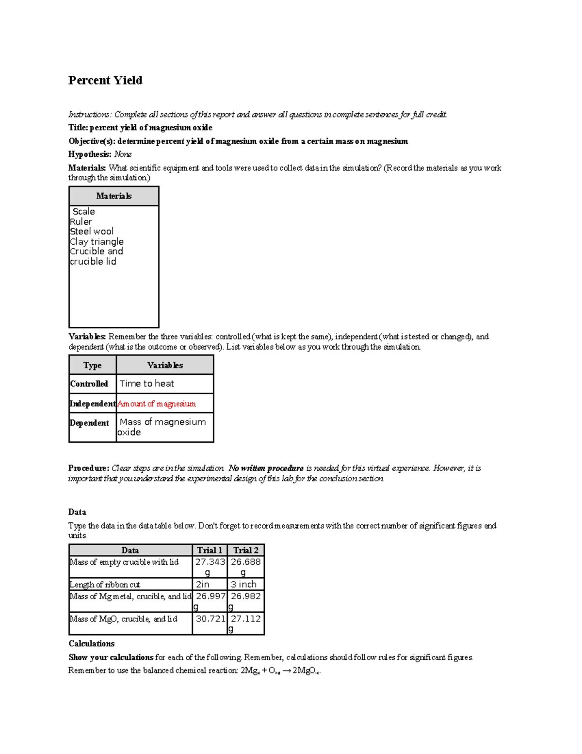 5.07 percent yeild - Percent Yield Instructions: Complete all sections ...
