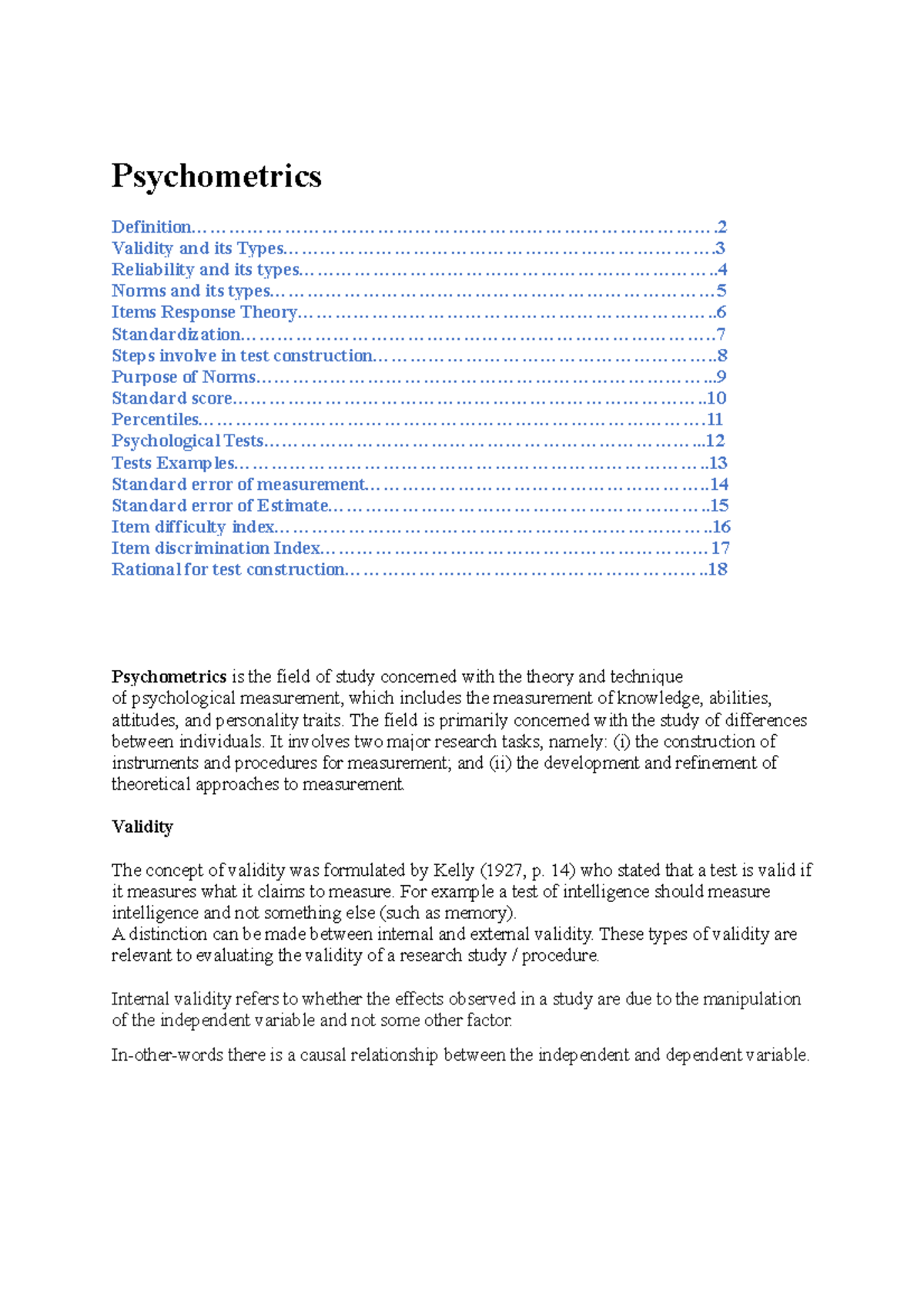 Psychometrics. handouts basic concepts - Psychometrics - Studocu