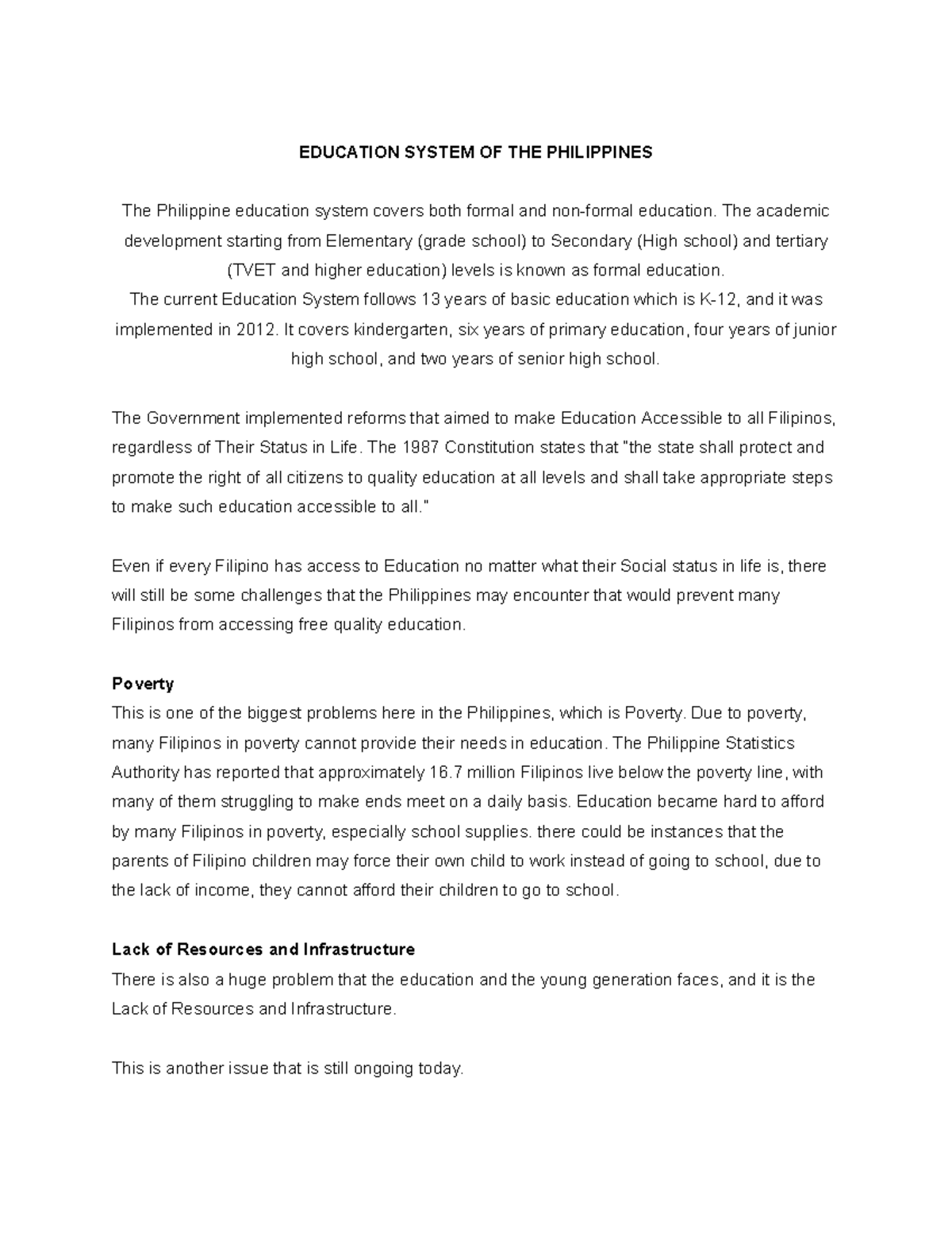 Essay on Philippine Issues - EDUCATION SYSTEM OF THE PHILIPPINES The ...