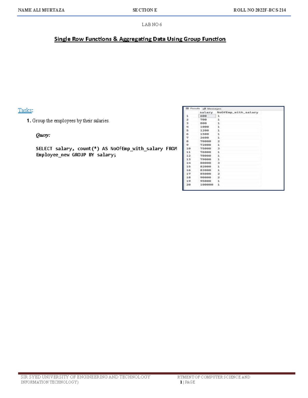 LAB 6 DB ALI - this is a lab file - NAME ALI MURTAZA SECTION E ROLL NO 2022F-BCS- 214 LAB NO 6 ...