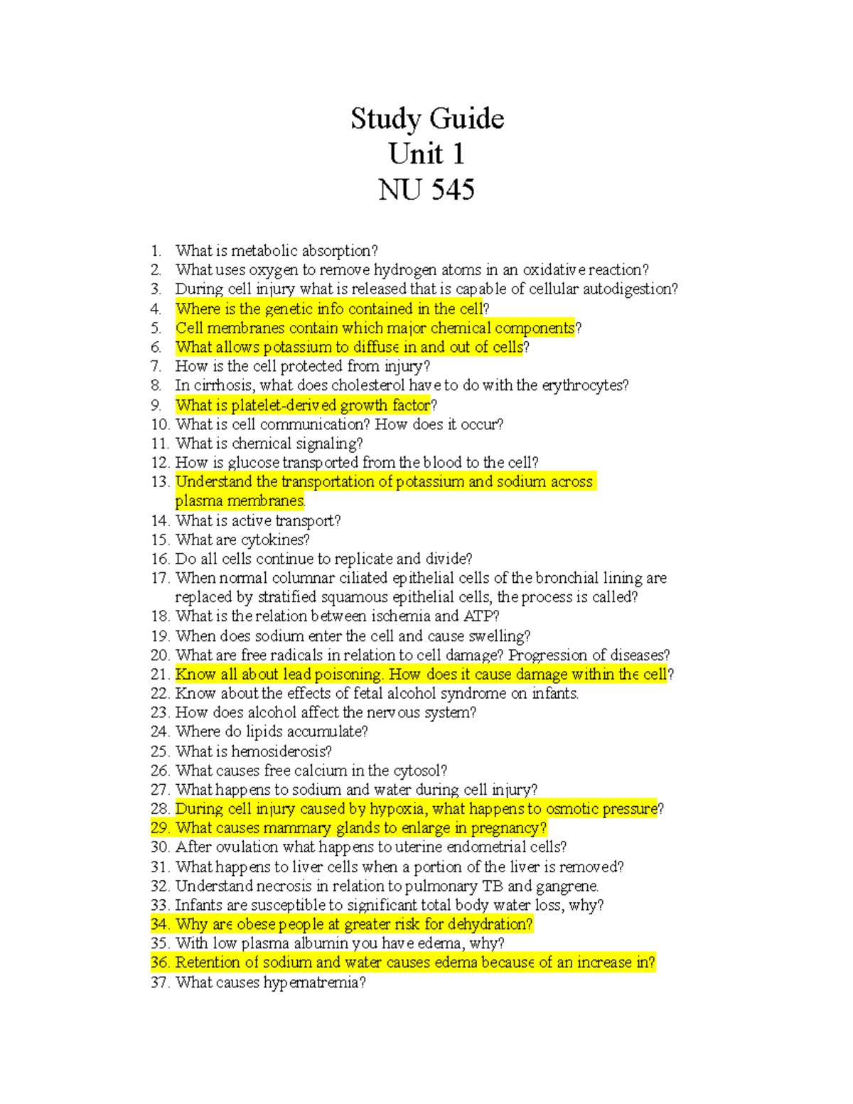 Unit 1 Study Guide 2 - Study Guide Unit 1 NU 545 What is metabolic ...