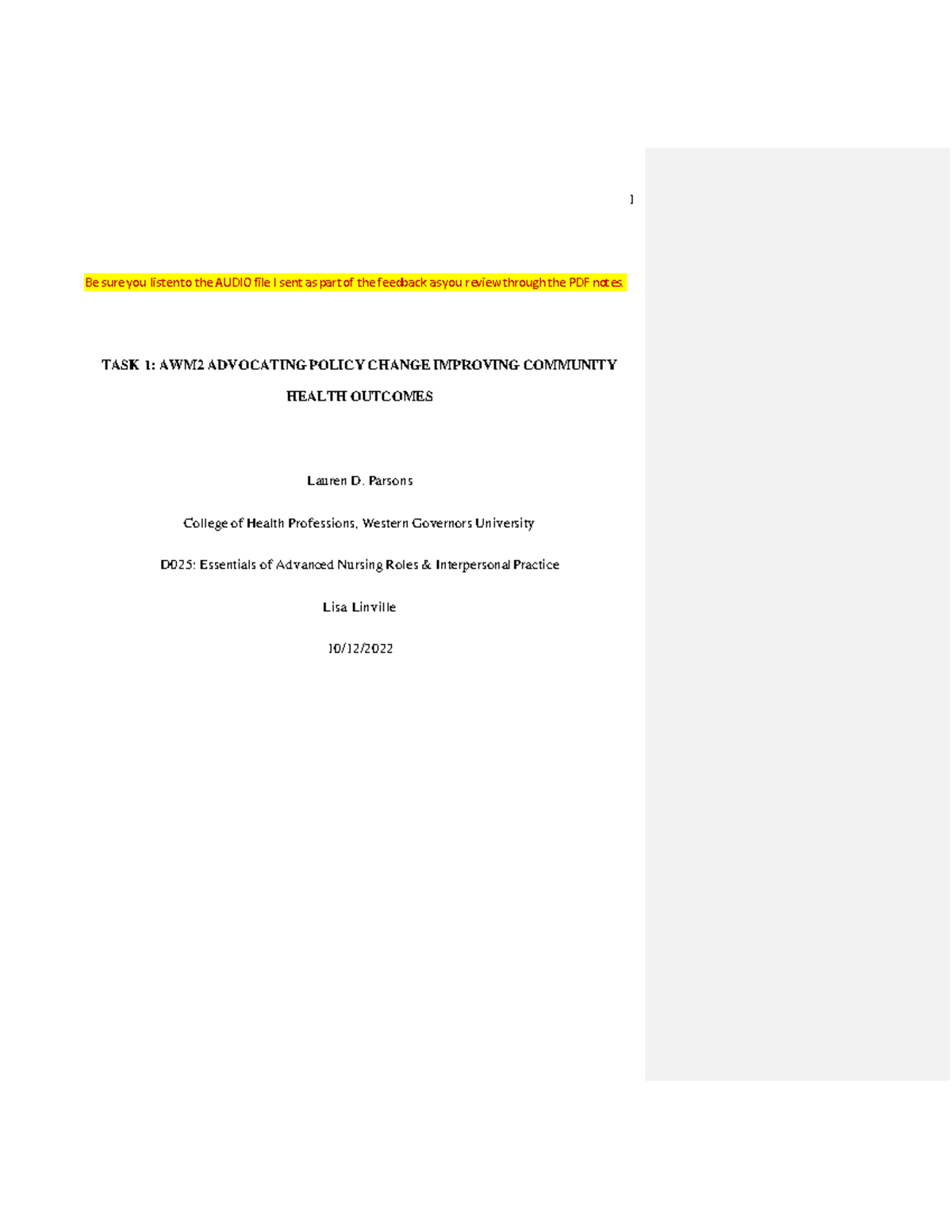 Lauren Parsons D025 AWM2 APA 10 - Be sure you listen to the AUDIO file ...