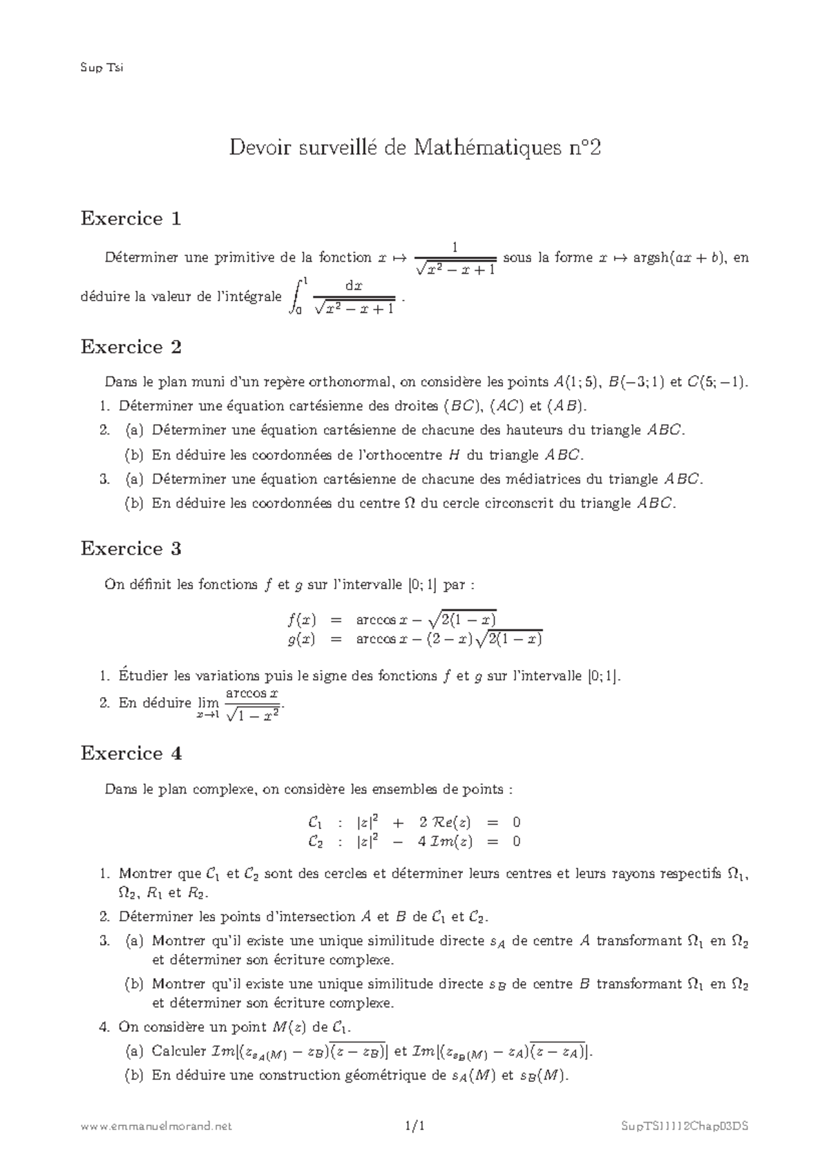 Devoir 3 geometrie du plan - Sup Tsi Devoir surveill ́e de Math ...