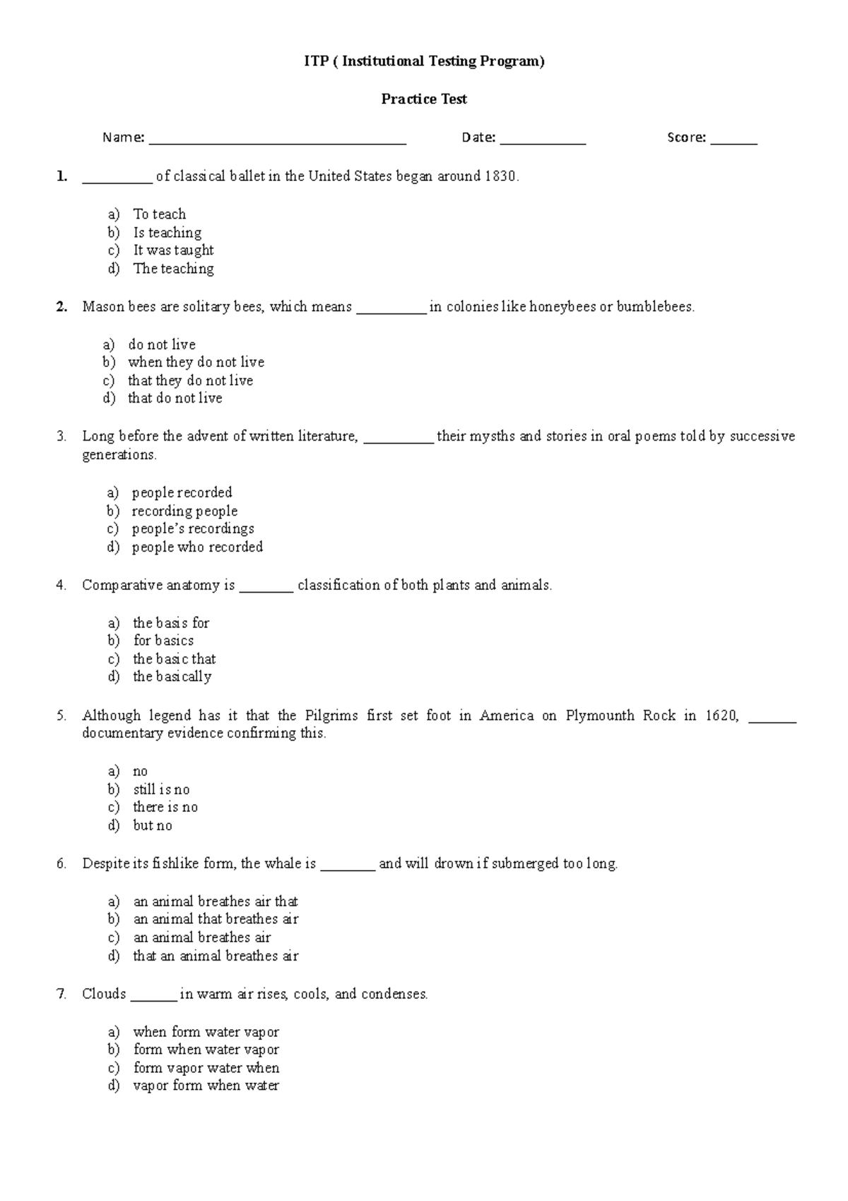 ITP Practice 1 - ITP ( Institutional Testing Program) Practice Test ...