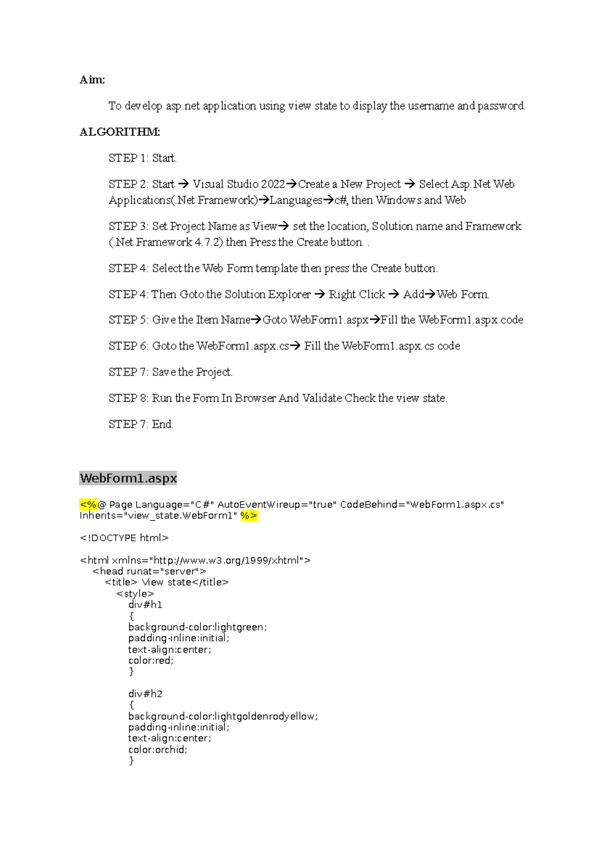 2.VIEW State - Aim: To develop asp application using view state to ...