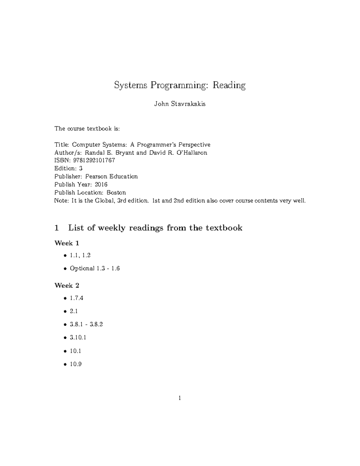 Reading List - Systems Programming: Reading John Stavrakakis The course ...