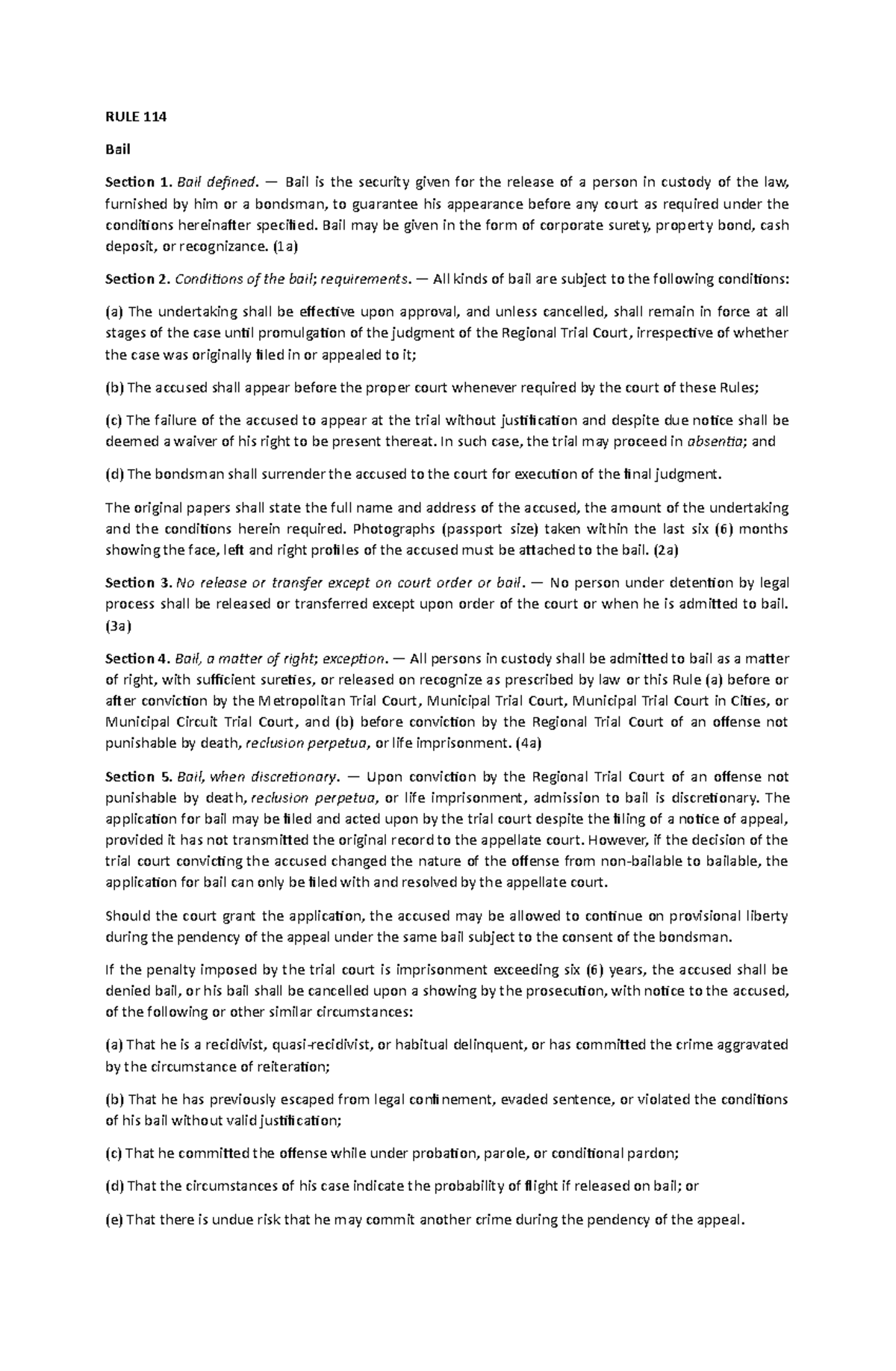 RULE 114 Rules Of Court RULE 114 Bail Section 1 Bail Defined