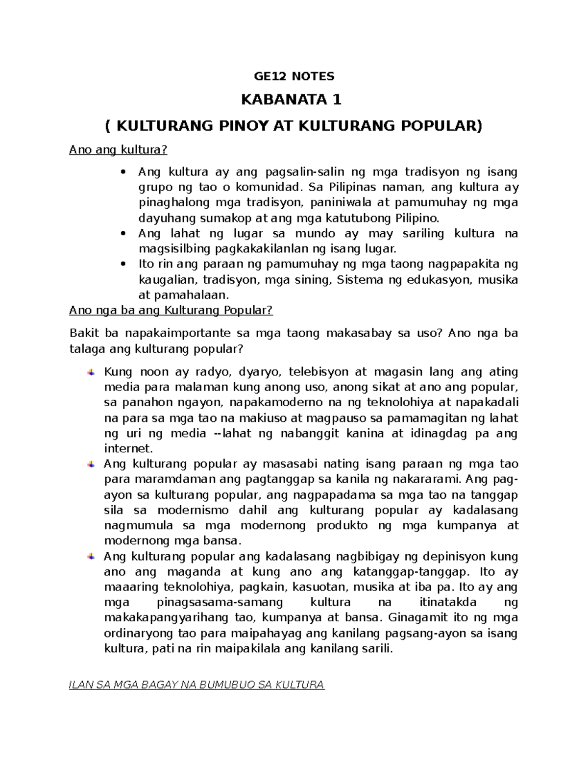 GE12 Kabanata 1-4 Notes - GE12 NOTES KABANATA 1 ( KULTURANG PINOY AT ...