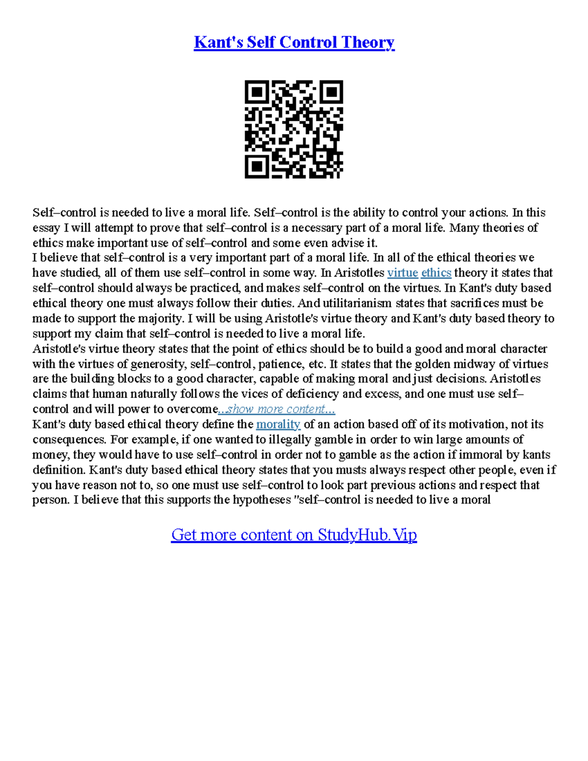 Self Control Essay - Kant's Self Control Theory Self–control is needed ...