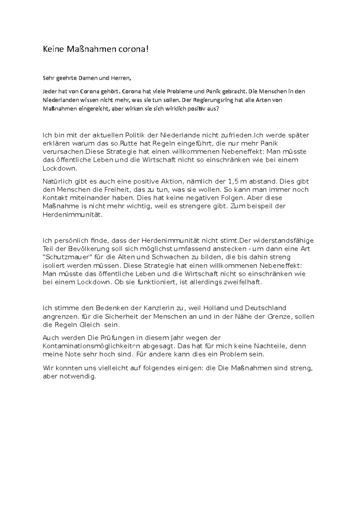 Duits tekst - Keine Maßnahmen corona! Sehr geehrte Damen und Herren ...