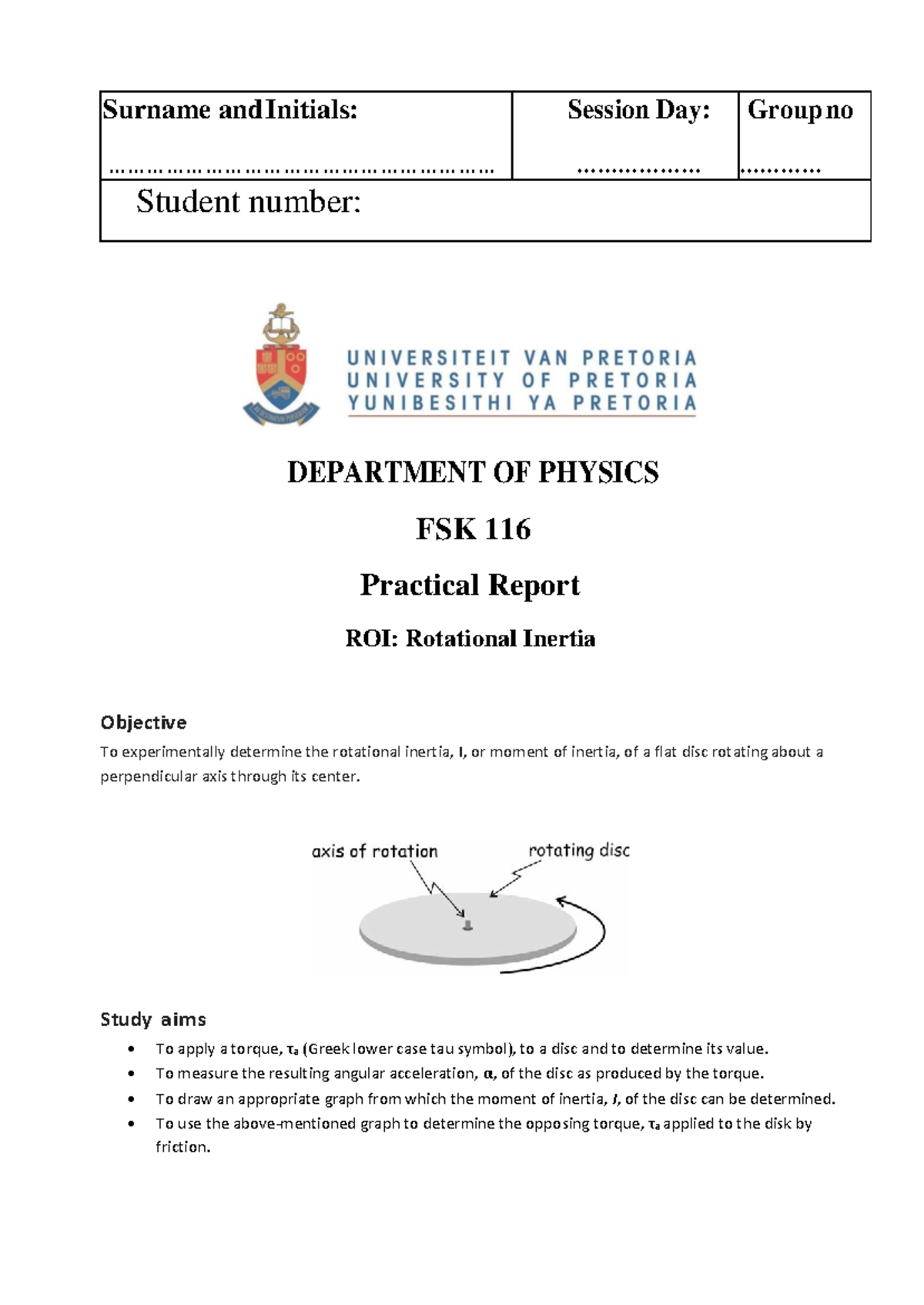 FSK 116 2022 ROI - Rotational inertia practical - Surname and Initials ...