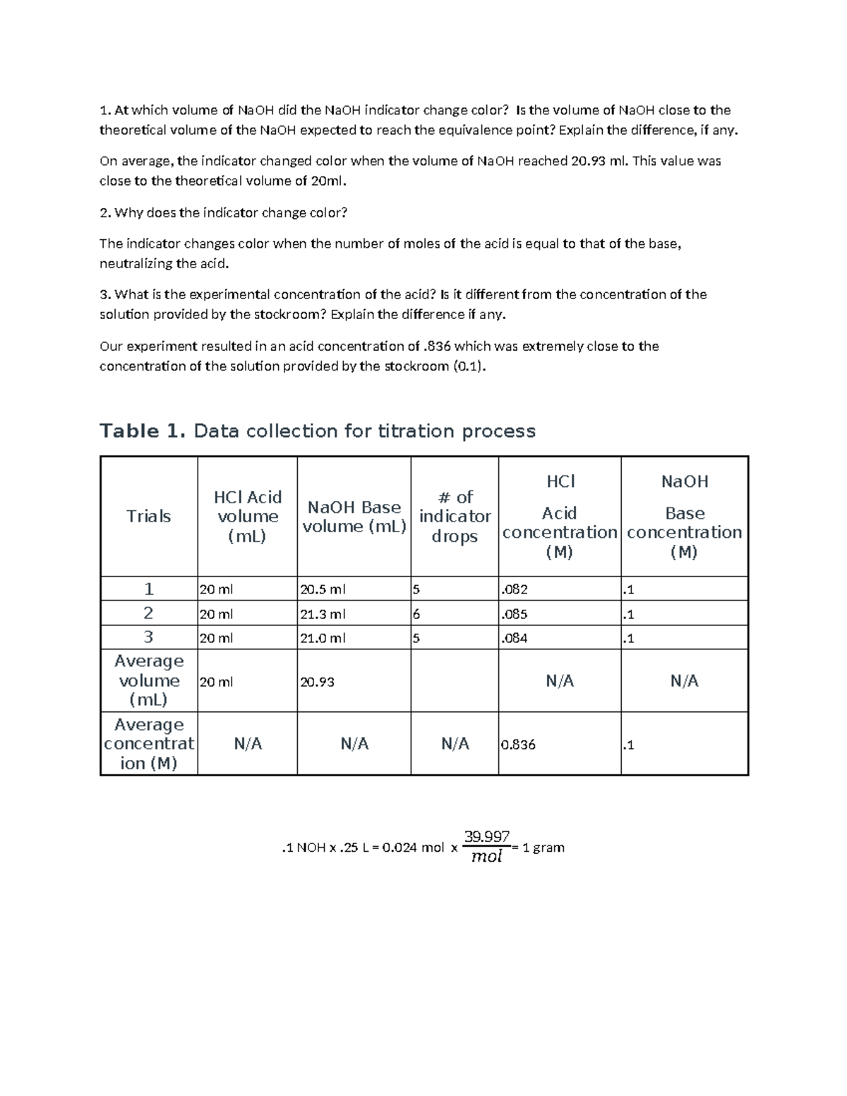 Module #3 Post-Lab Questions - 1. At which volume of NaOH did the NaOH ...
