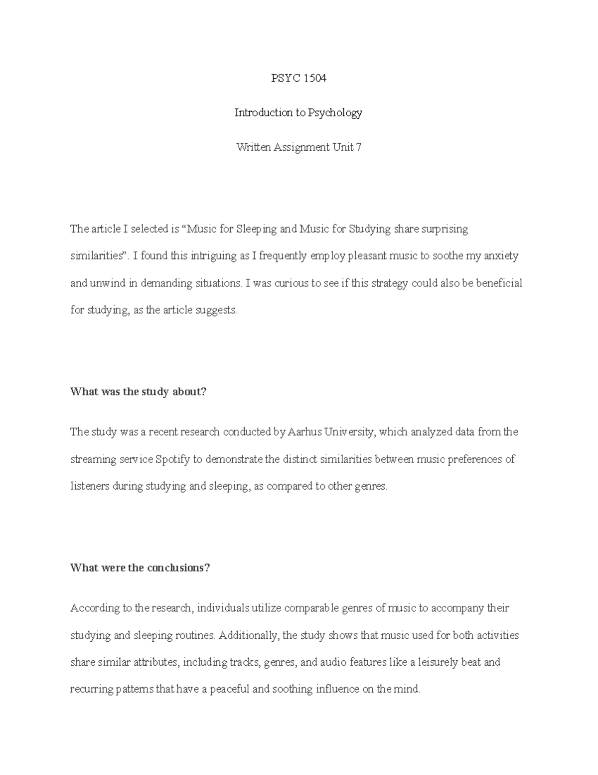 Written Assignment - PSYC 1504 Introduction to Psychology Written Assignment Unit 7 The article ...