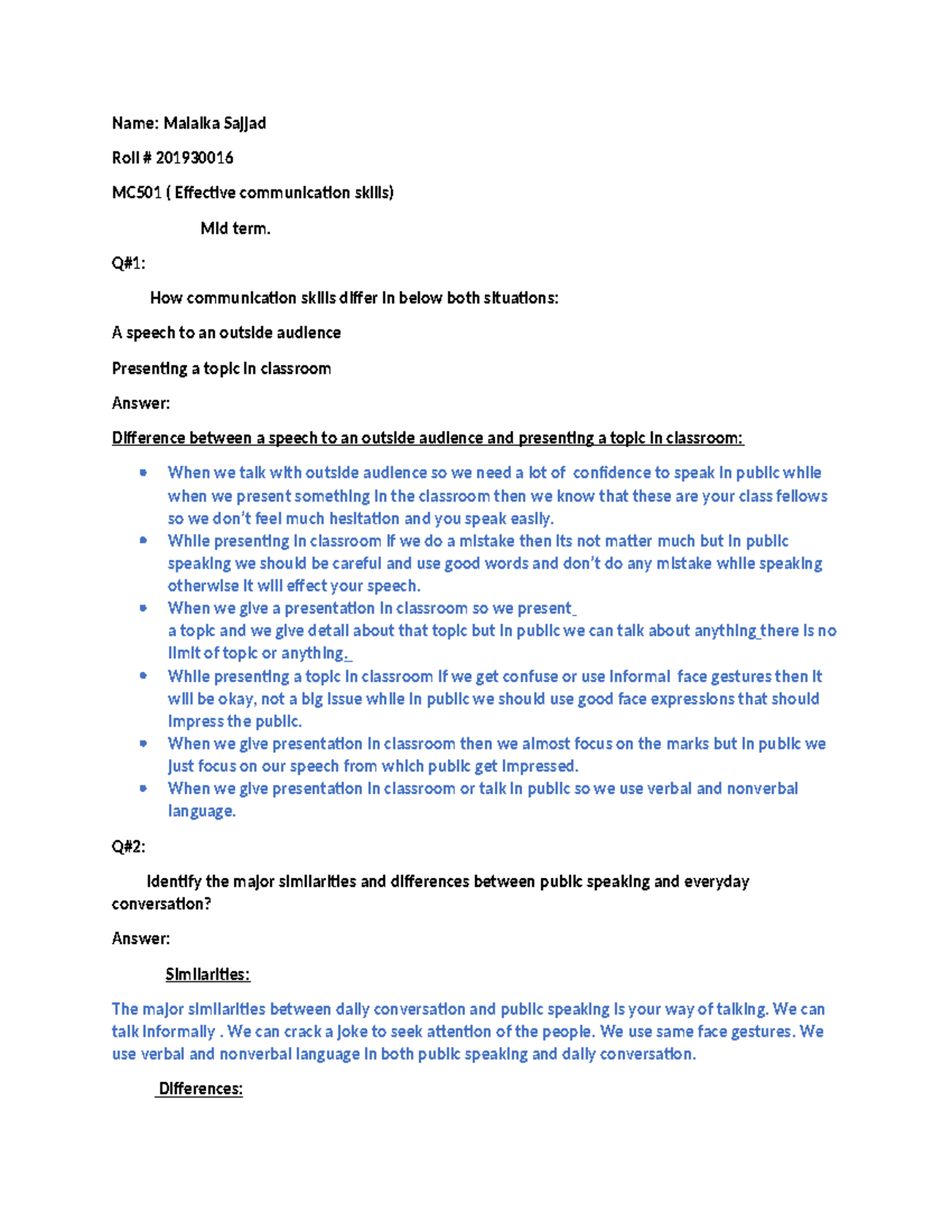 MC501 mid - these notes will help uh - Name: Malaika Sajjad Roll ...